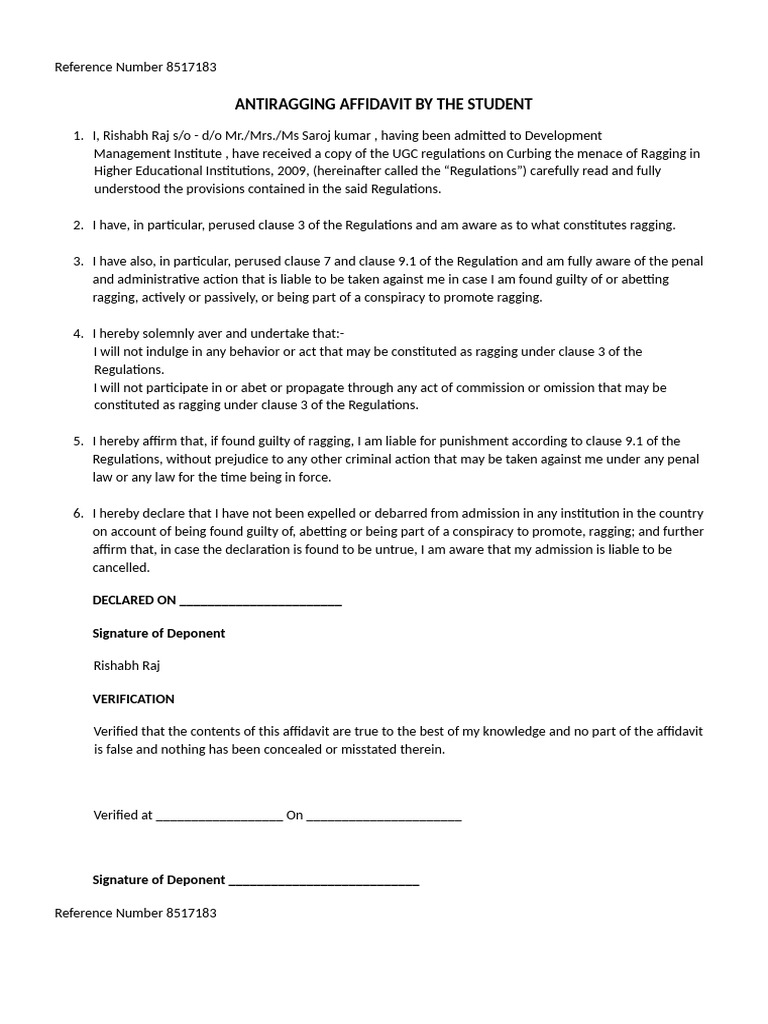Anti-Ragging Student Affidavit | PDF | Affidavit | Justice