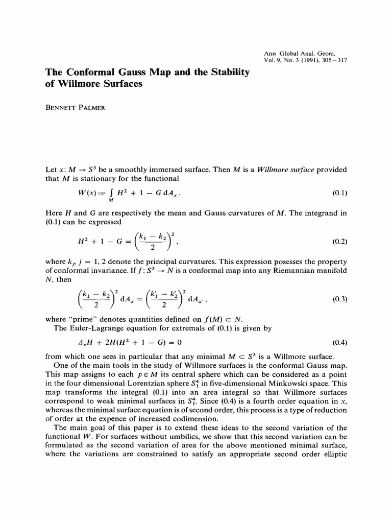 The Conformal Gauss Map and The Stability of Willmore Surfaces | PDF | Curvature | Sphere