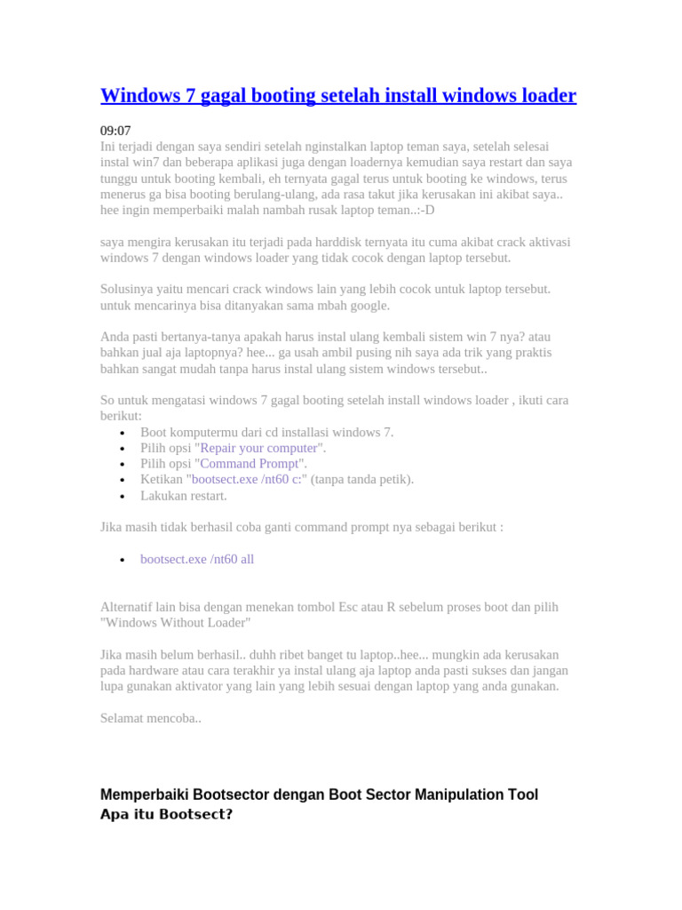 Windows 7 Gagal Booting Setelah Install Windows Loader | PDF