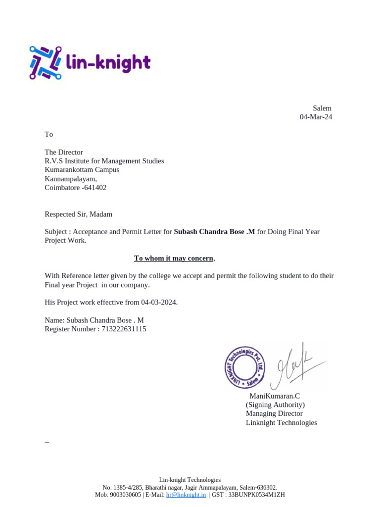 Subash Chandra Bose - Project Letter | PDF Subash Chandra Bose - Project Letter | PDF