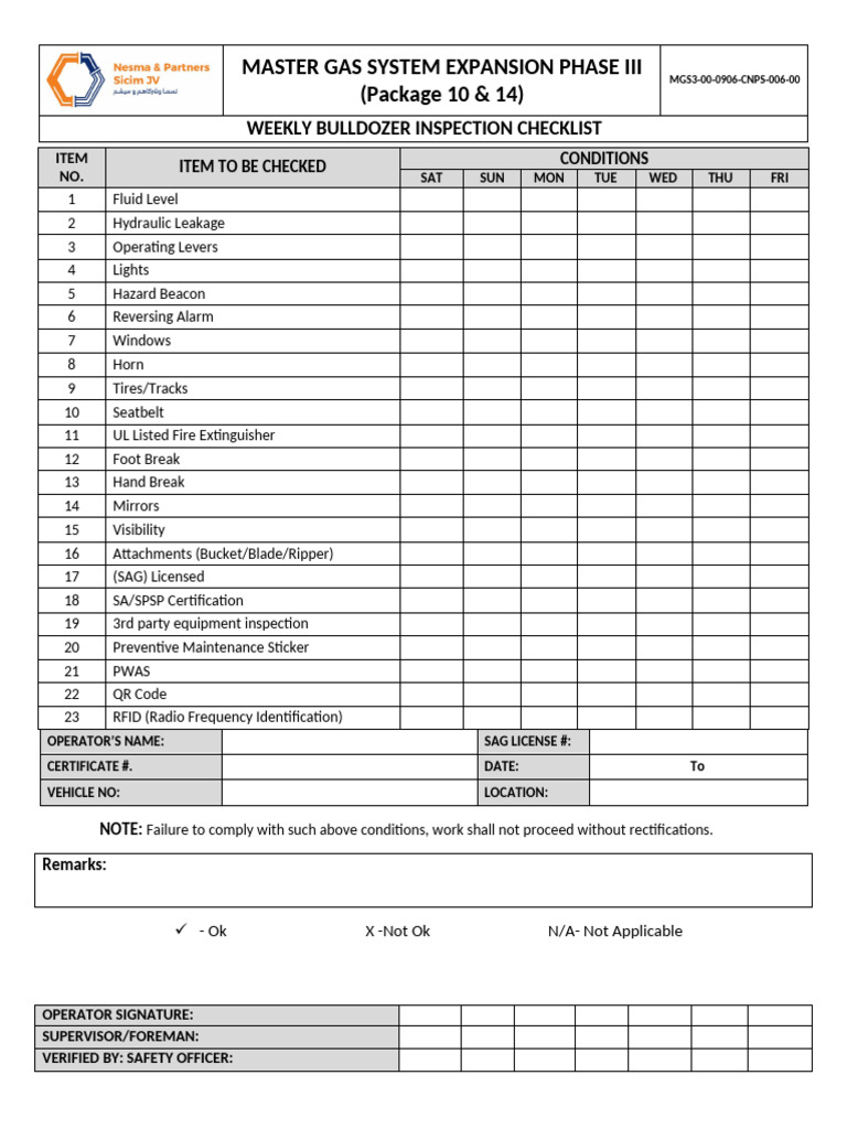 MGS3!00!0906 CNPS 006 00_Weekly Bulldozer Inspection Checklist | PDF