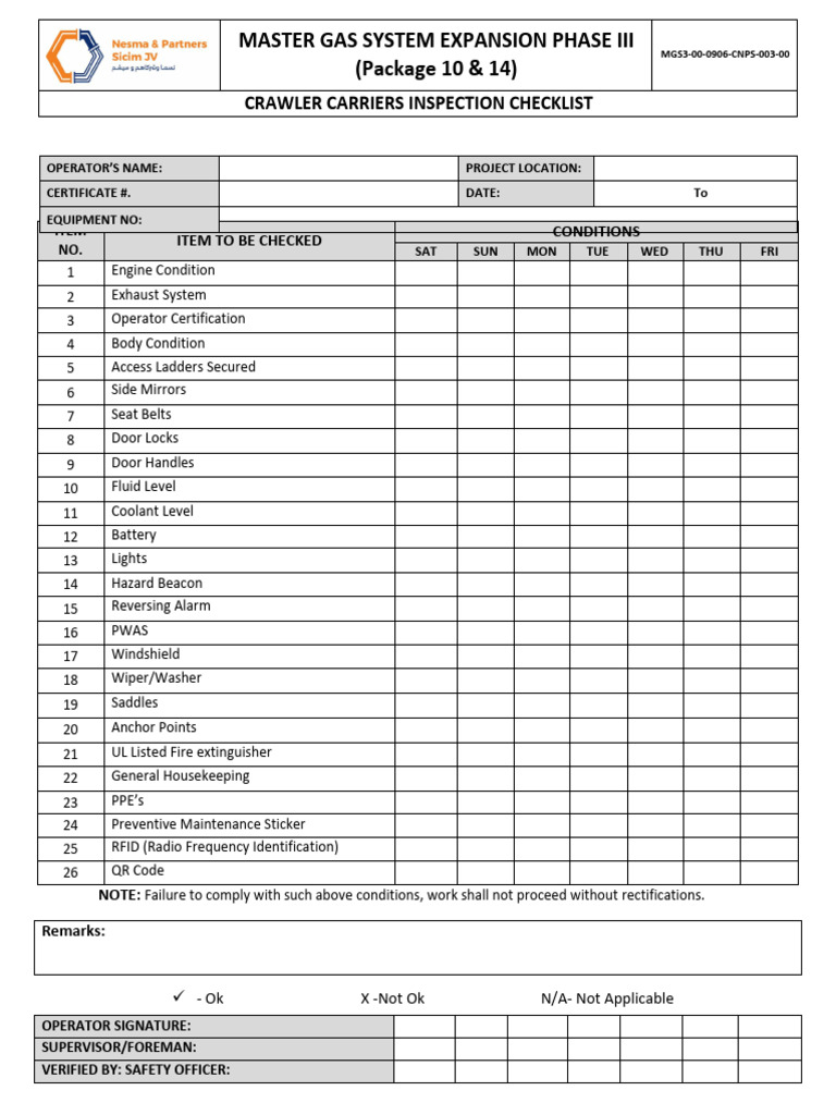 MGS3!00!0906 CNPS 003 00_Crawler Carriers Inspection Checklist | PDF