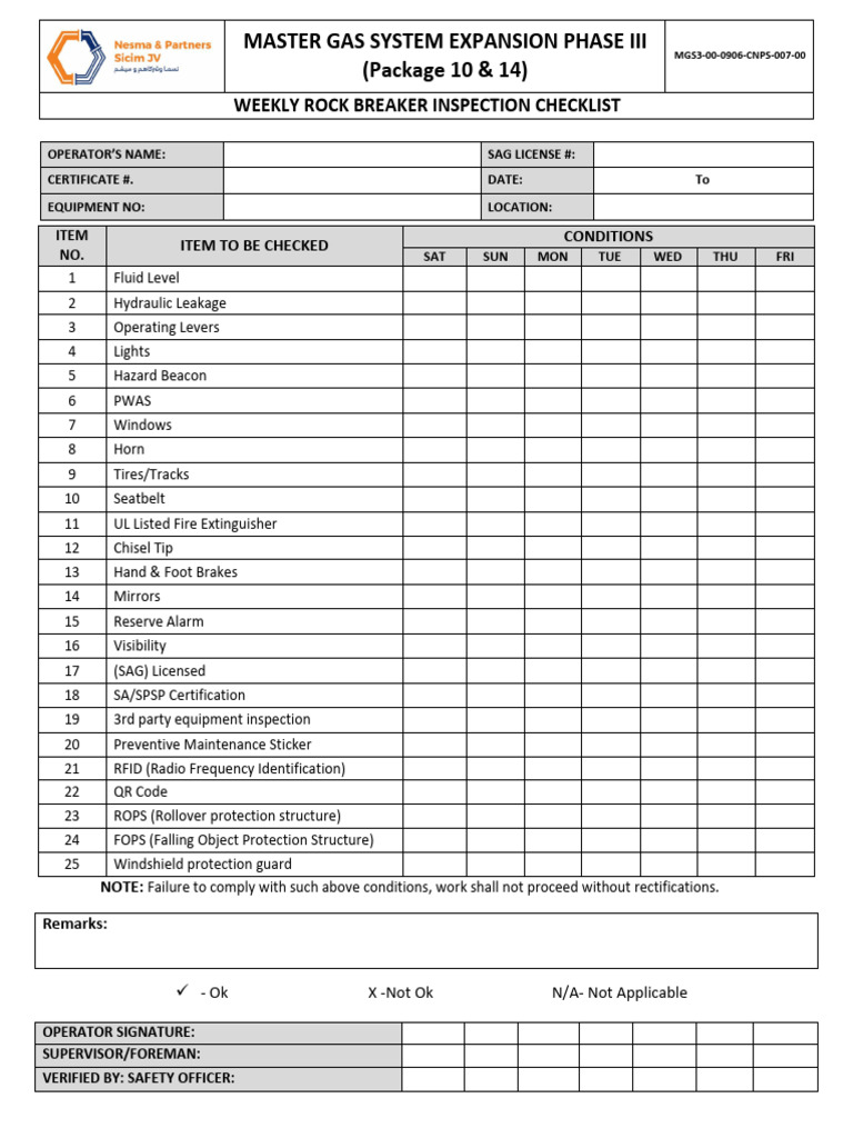 MGS3-00-0906-CNPS-007-00 - Weekly Rock Breaker Inspection Checklist | PDF