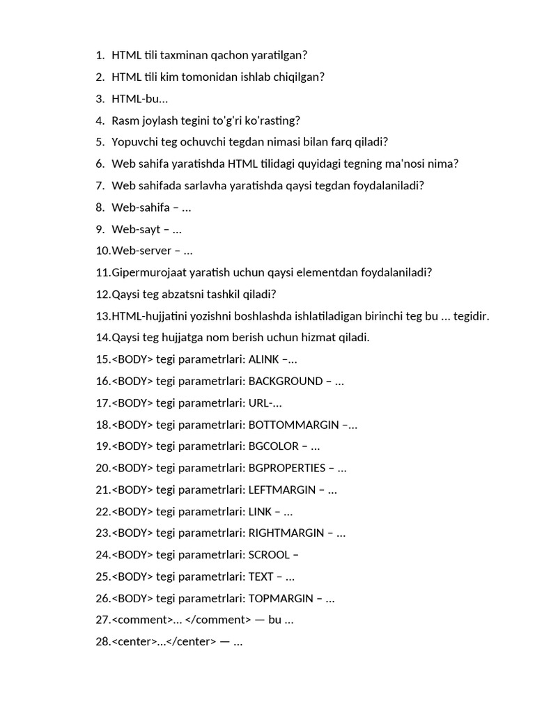 Yakuniy Nazorat Savollari | PDF