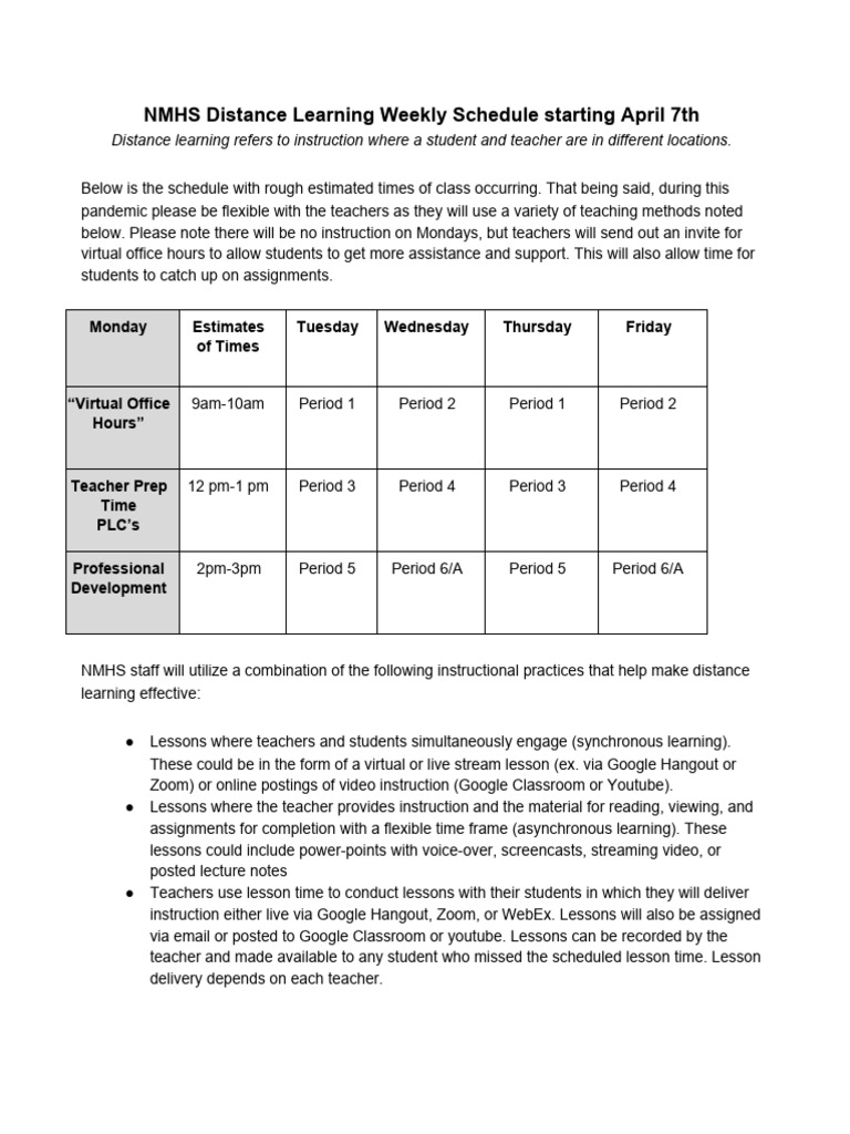 Distance Learning Schedule | PDF | Teachers | Distance Education