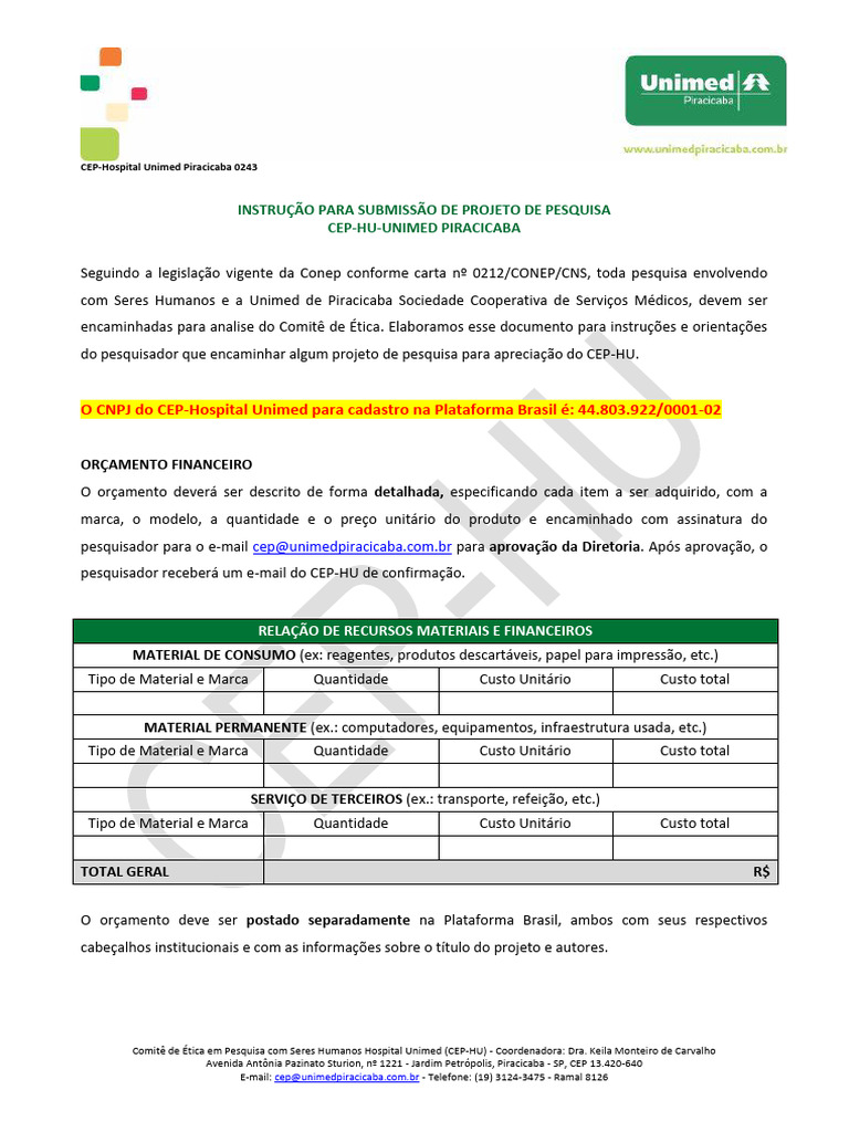 Formulario de Instrucaes CEP Hospital Unimed HUPiracicaba | PDF | Consentimento Livre e ...