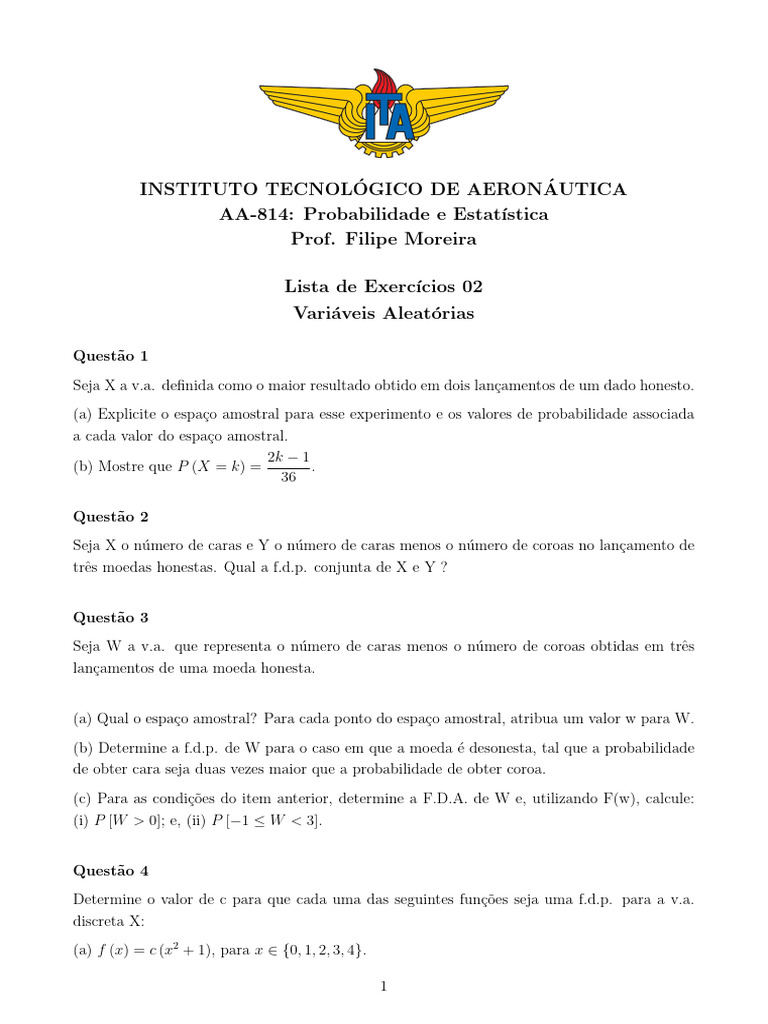 Lista de Exercicios 02 - AA814 | PDF | Probabilidade | Variável aleatória