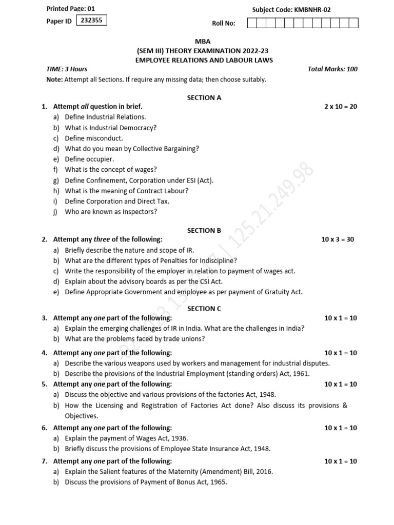 Employee Relations & Labour Laws Exam Guide | PDF | Employment | Labour Law