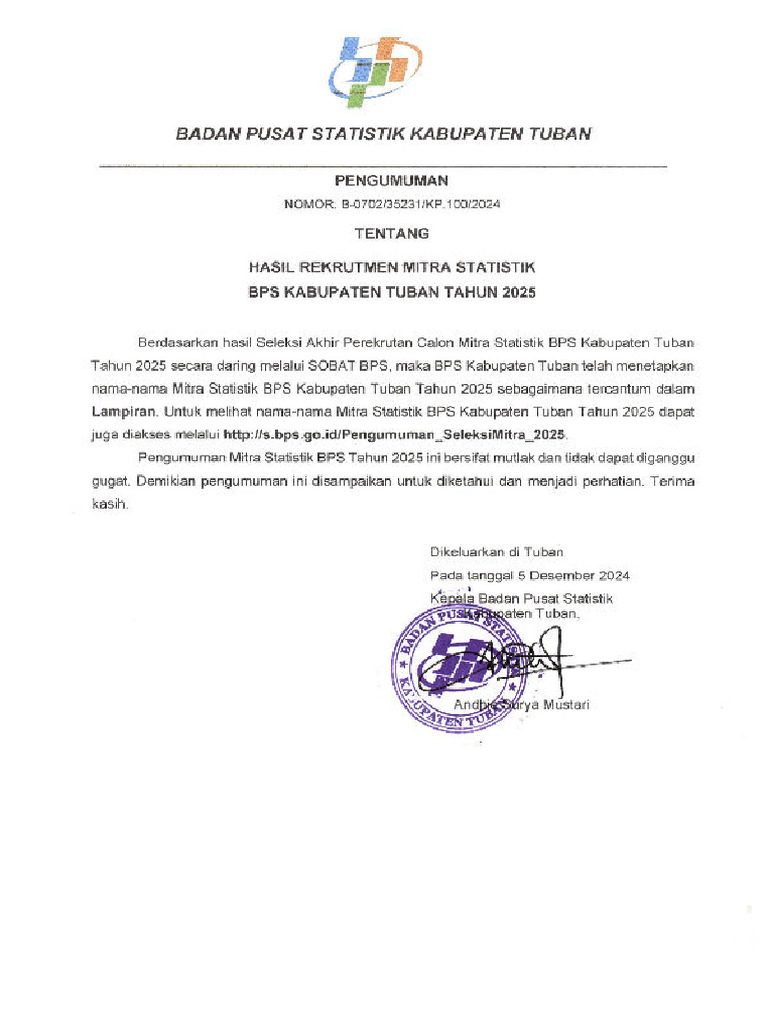 Pengumuman Hasil Rekrutmen Mitra Statistik Tahun 2025 1733387605 | PDF