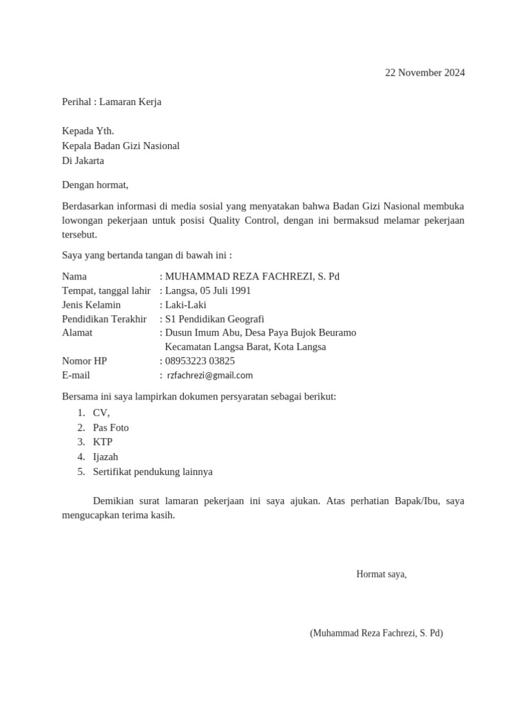 Format-Surat-Lamaran Badan Gizi Nasional MRezaFachrezi | PDF
