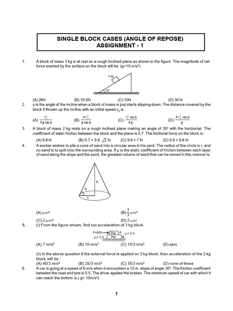 1.single Block Cases (Angle of Repose) | PDF | Friction | Mechanics