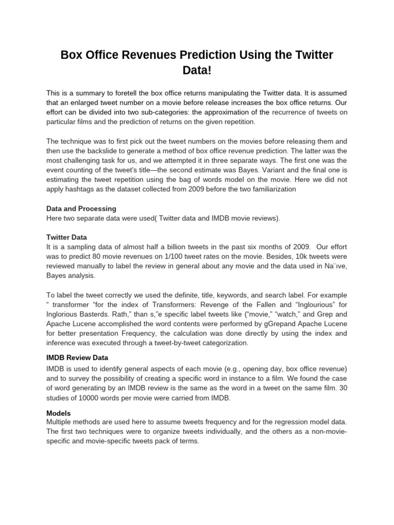 Box Office Revenues Prediction Using The Twitter Data | PDF ...