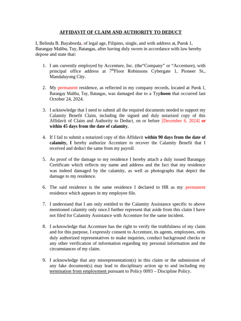 Affidavit of Claim and Authority To Deduct Fire Template 1 | PDF | Affidavit