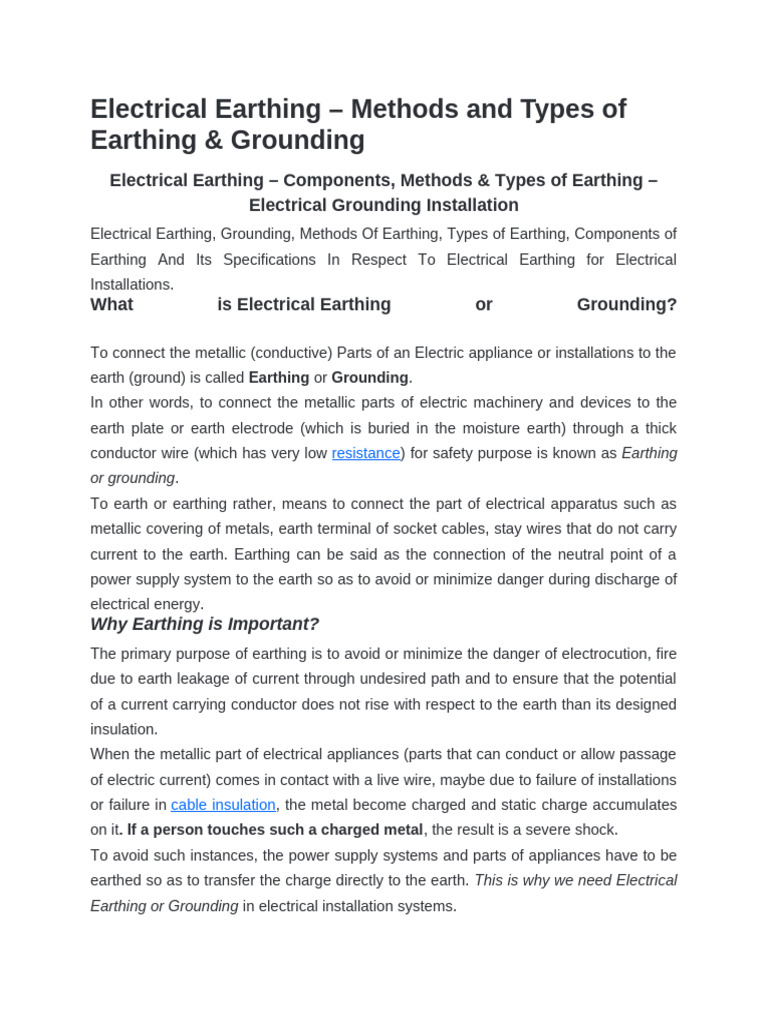 Electrical Earthing | PDF | Electrical Wiring | Electrical Conductor