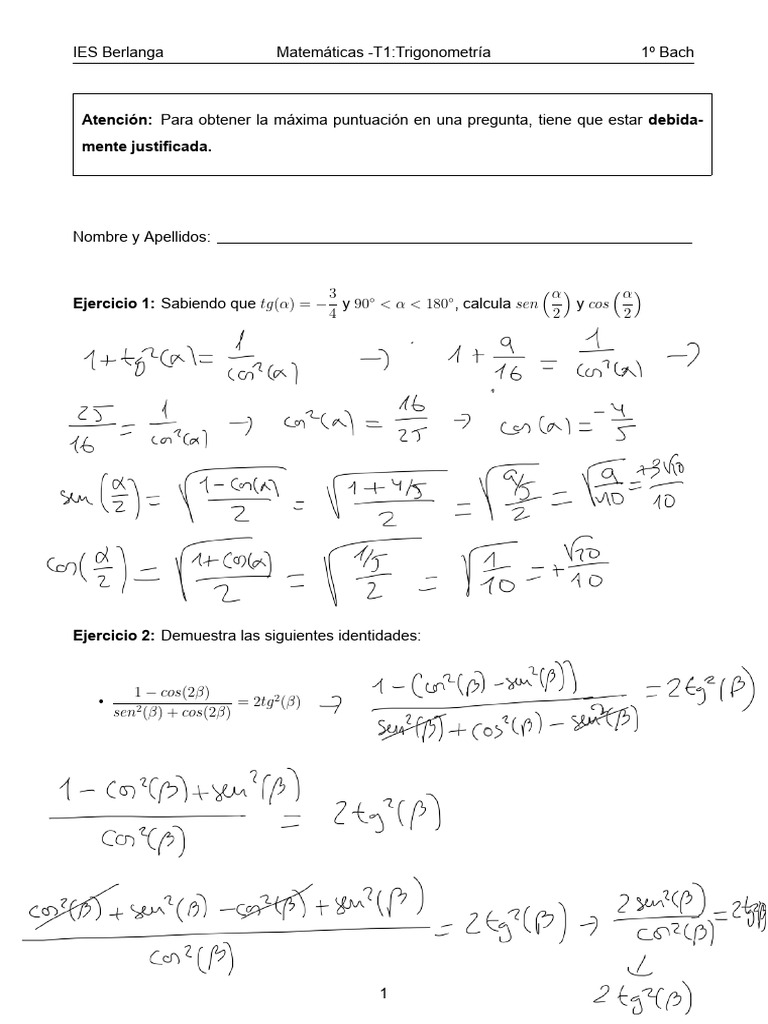 Ejercicios de Trigonometría 1º Bach | PDF