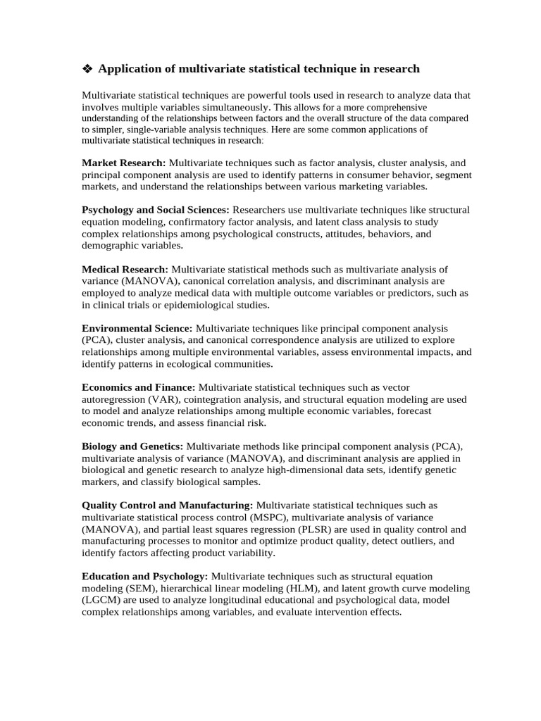 Application Of Multivariate Statistical Technique In Research Pdf