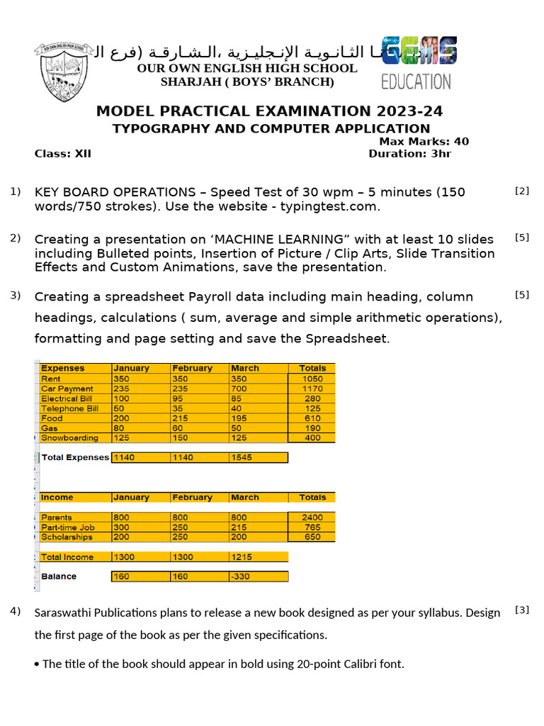 Practical Exam 2023-24: Typing & Apps | PDF