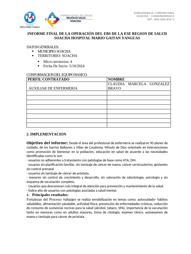 Informe de La Operación Del Ebs Soacha Claudia Gonzalez | PDF | Cáncer | Trabajo Social