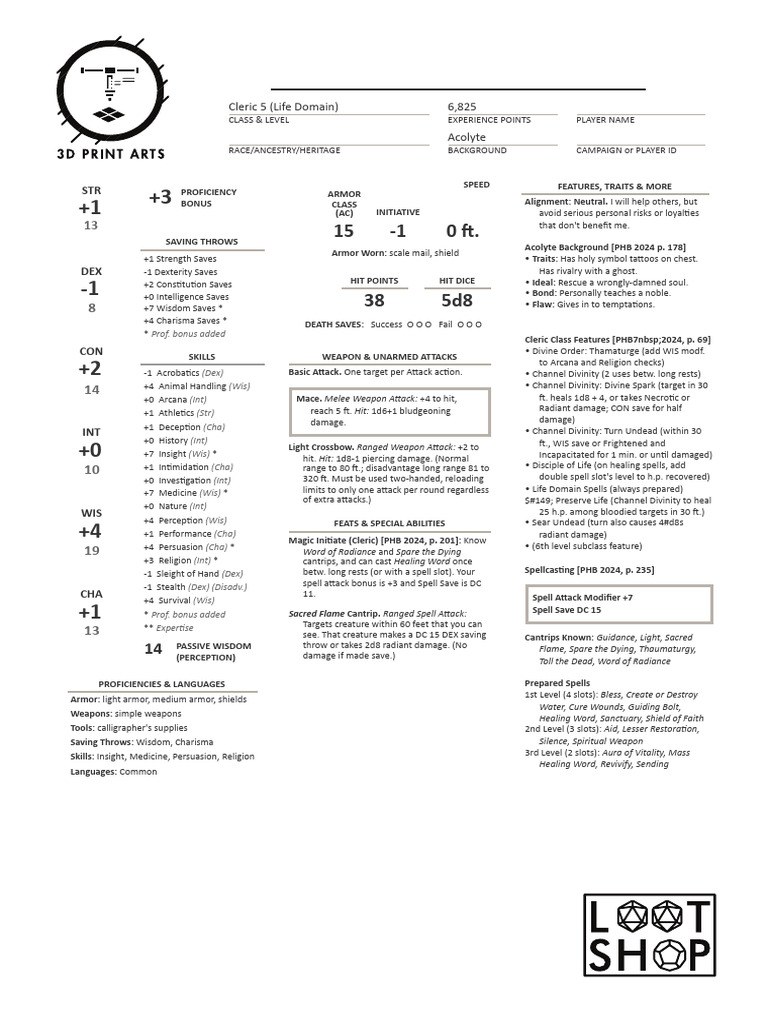 Life Domain Cleric 5E Character Sheet | PDF