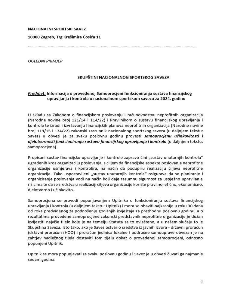 Samoprocjena I Akcijski Plan - Ogledni Primjer | PDF