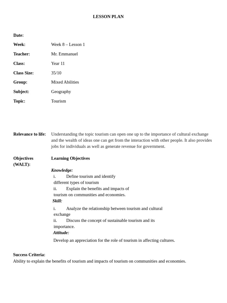 lesson plan- Tourism now | PDF | Tourism | Lesson Plan