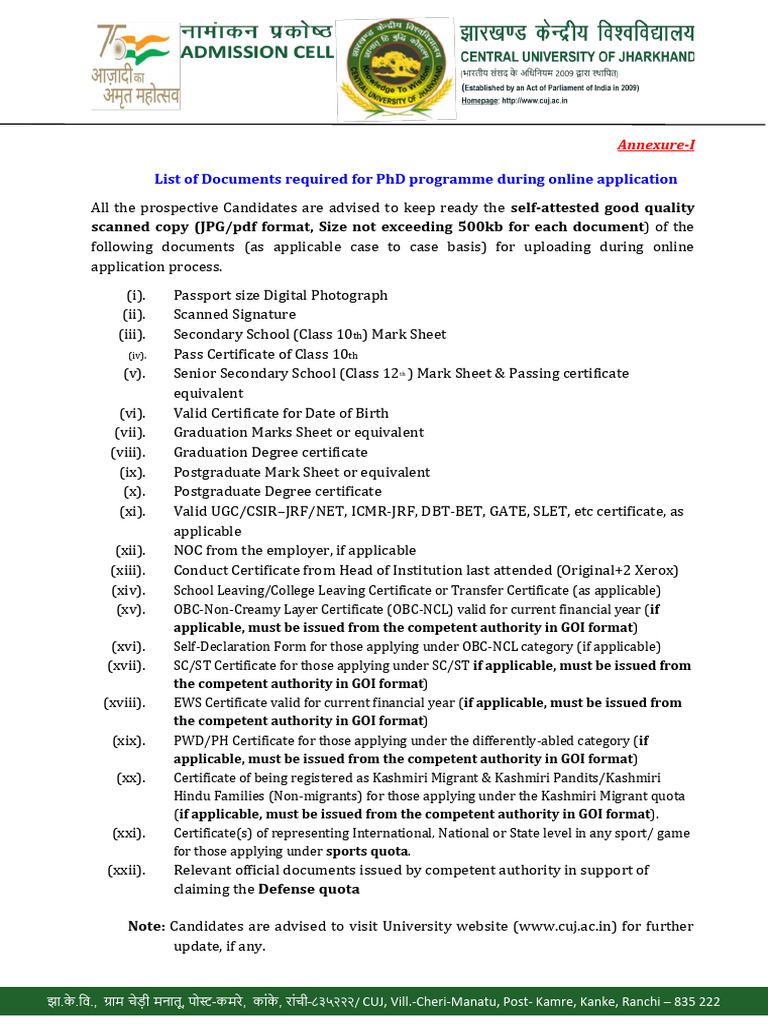 Annexure-I-List of Documents Required For PHD Admission | PDF