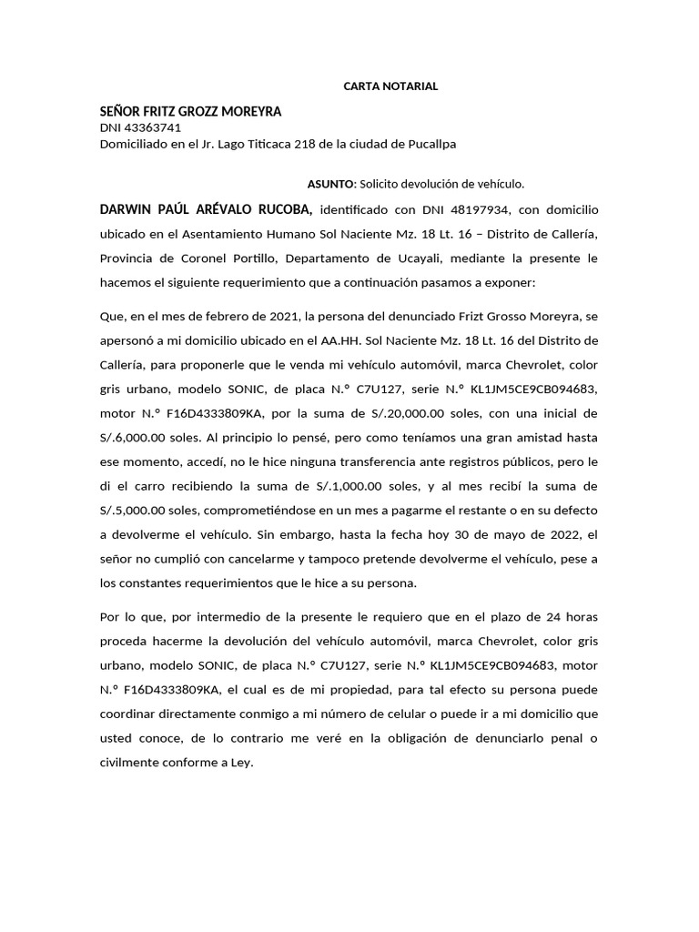 CARTA NOTARIAL de darwin a frizt | PDF