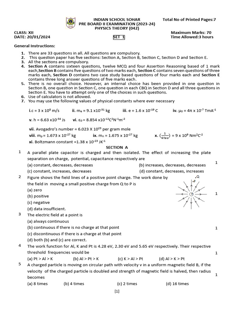 Class Xii Preboard II Physics (Set 1) 2023-24 | PDF | P–N Junction | Inductor