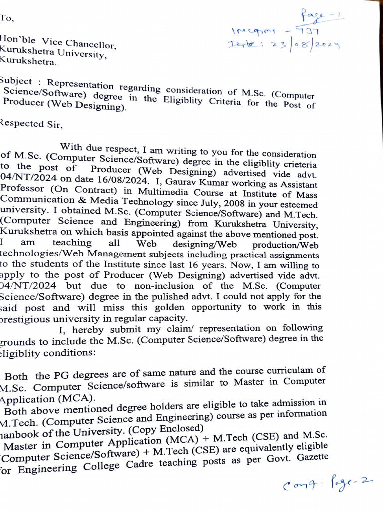 Representation To Honble VC KUK To, Hon'ble Vice Chancellor - 23rd ...