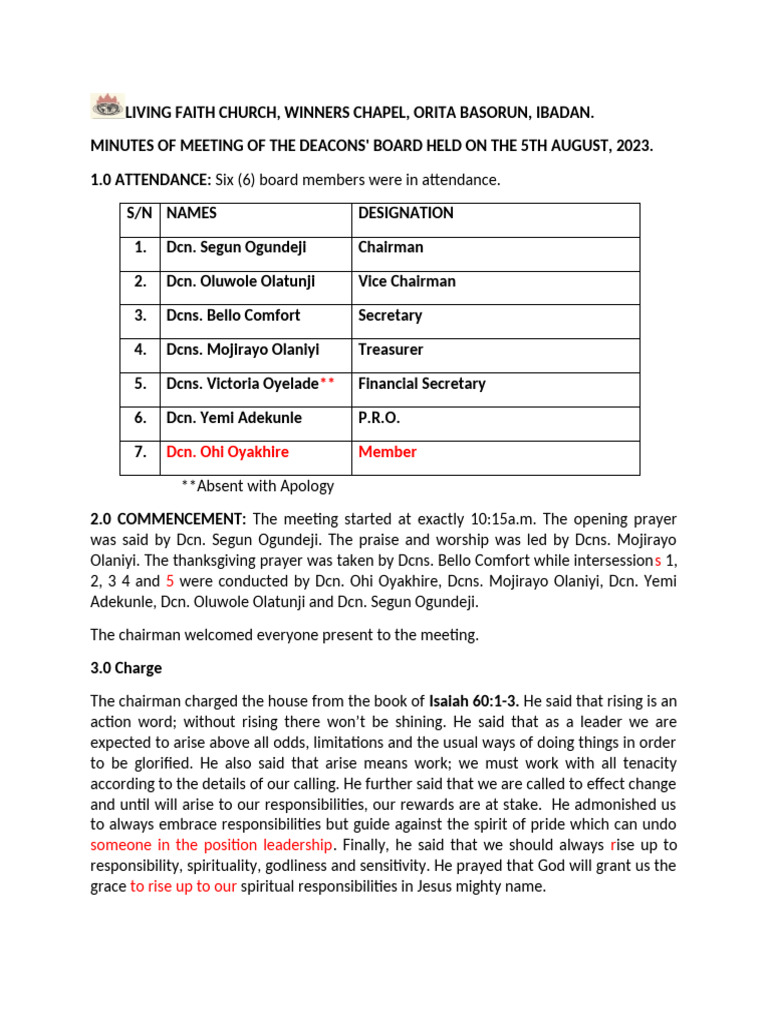 DEACONS BOARD AUGUST 2023 | PDF