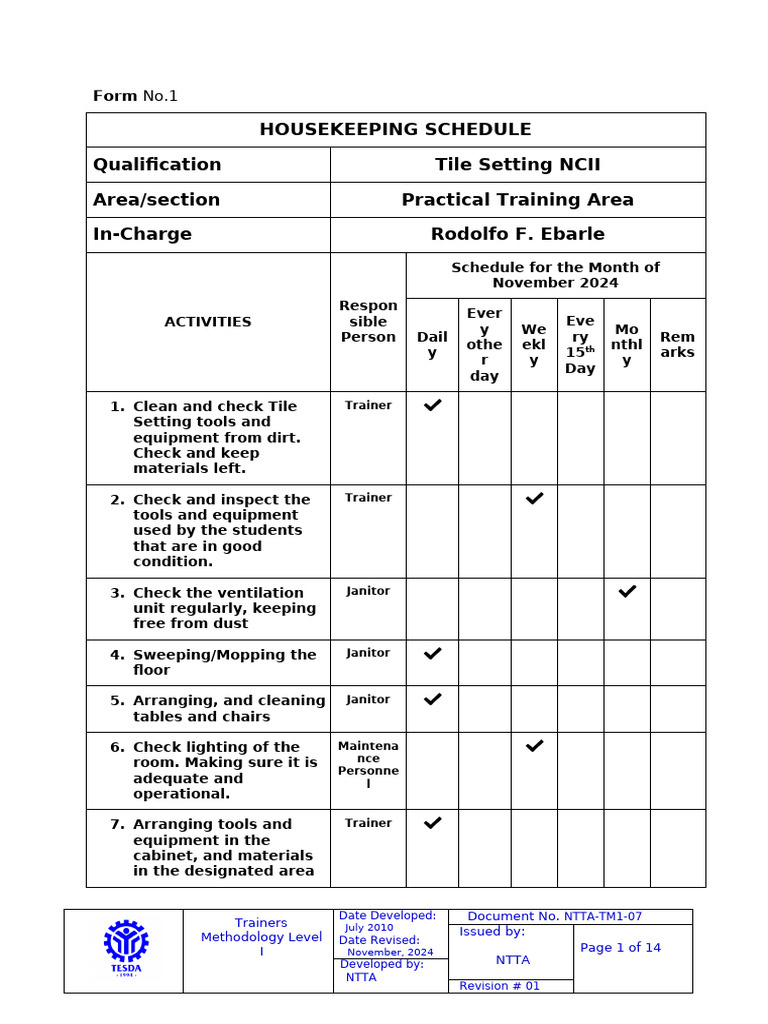 Housekeeping Schedule for Tile Setting NCII | PDF | Housekeeping | Cleaning
