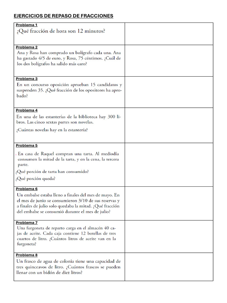Ficha Problemas Repaso Fracciones | PDF