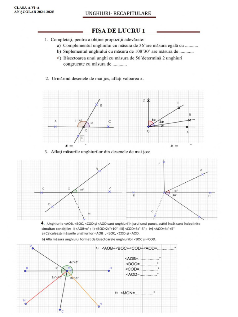 VI G - Fisa de Lucru - UNGHIURI - RECAPITULARE | PDF