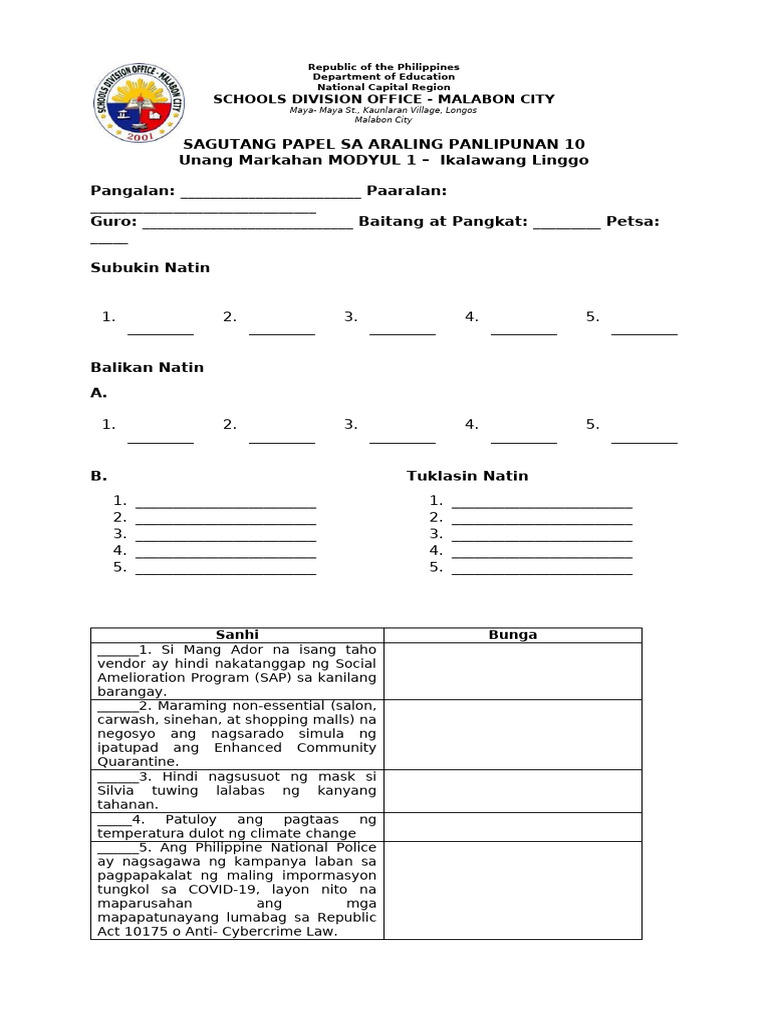 Q1 AP G10 Answer Sheet Module 1 Week 2 | PDF