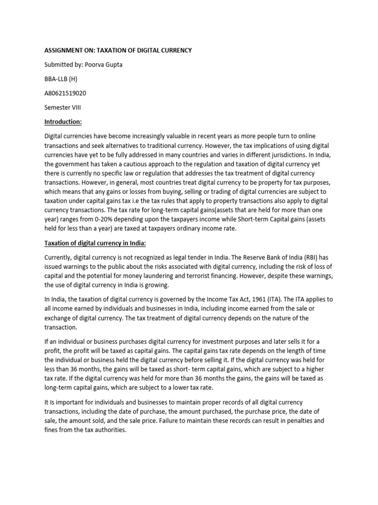 Taxation of Digital Currency (POORVA GUPTA) | PDF | Taxes | Capital Gain