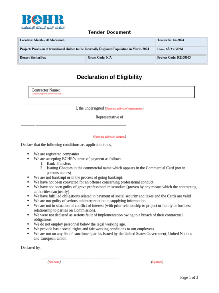 Declaration of Eligibility | PDF