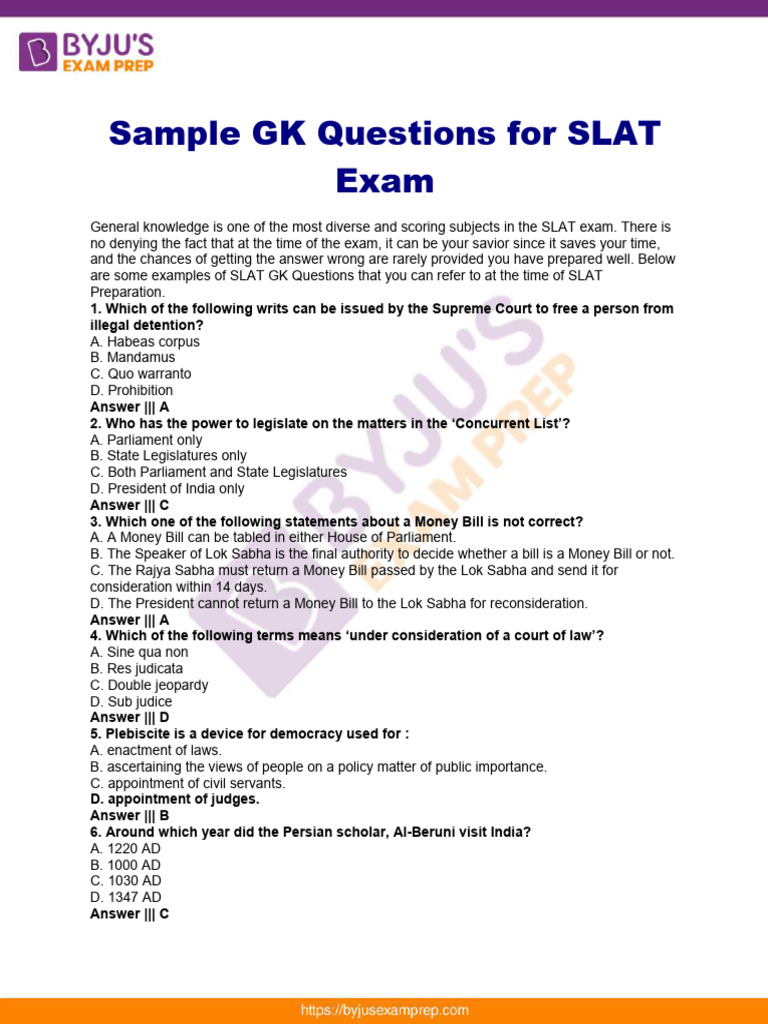 Sample GK Questions For Slat Exam 51 | PDF