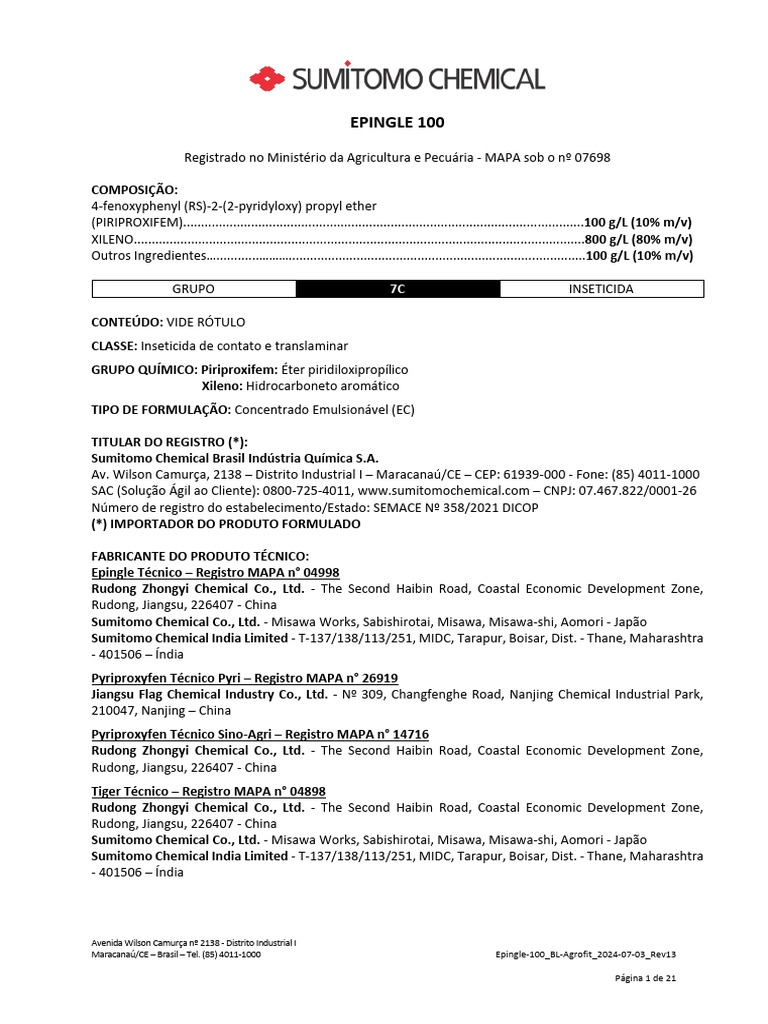 Inseticidas Epingle 100 Bula | PDF | Ferimento | Agricultura