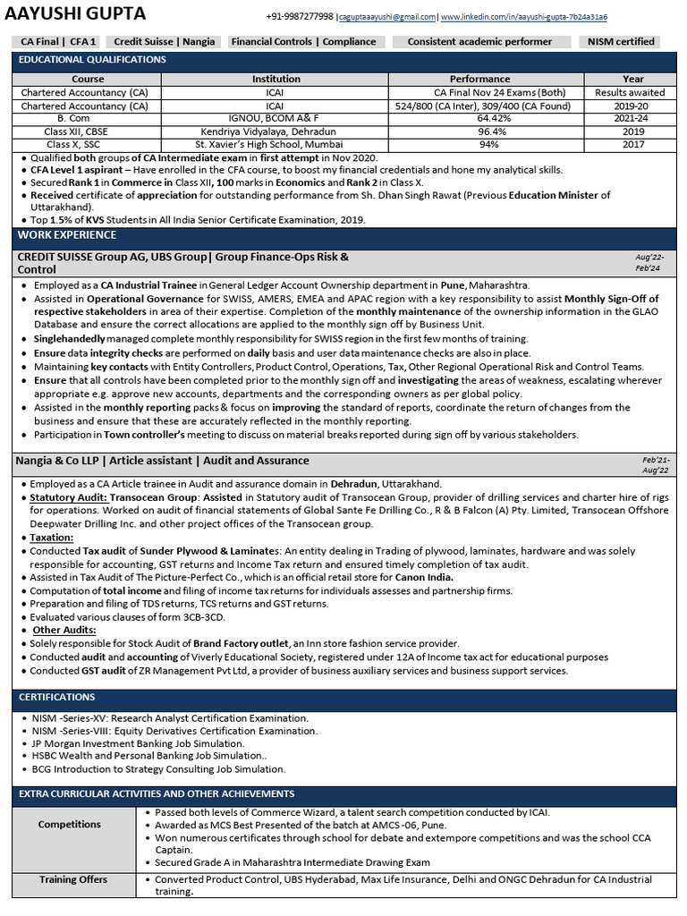 Aayushi Gupta - Resume. | PDF | Audit | Taxes