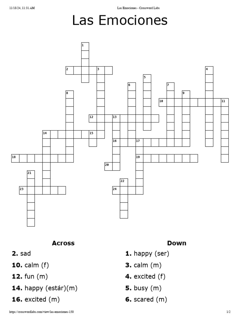 Las Emociones - Crossword Labs | PDF