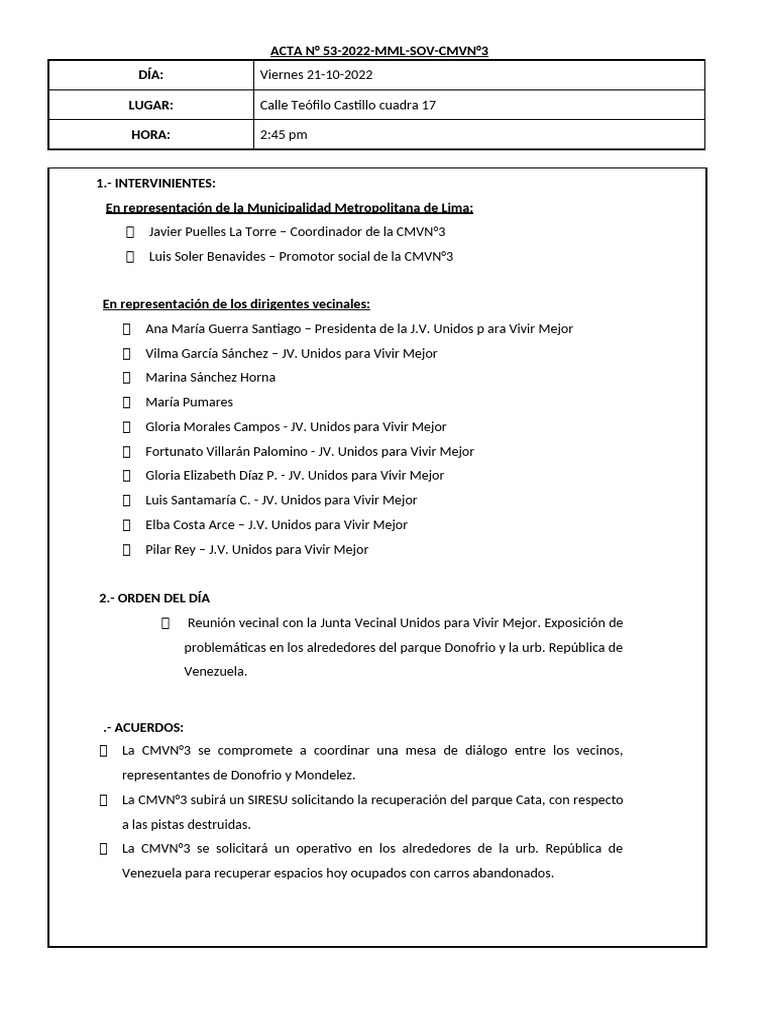 Acta Nº53 - 2022-Mml-Sov-Cmvnº3 | PDF