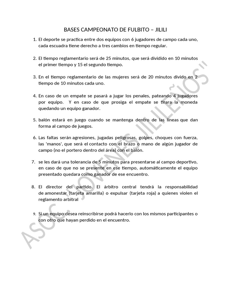 Reglas del Campeonato de Fulbito Jilili | PDF