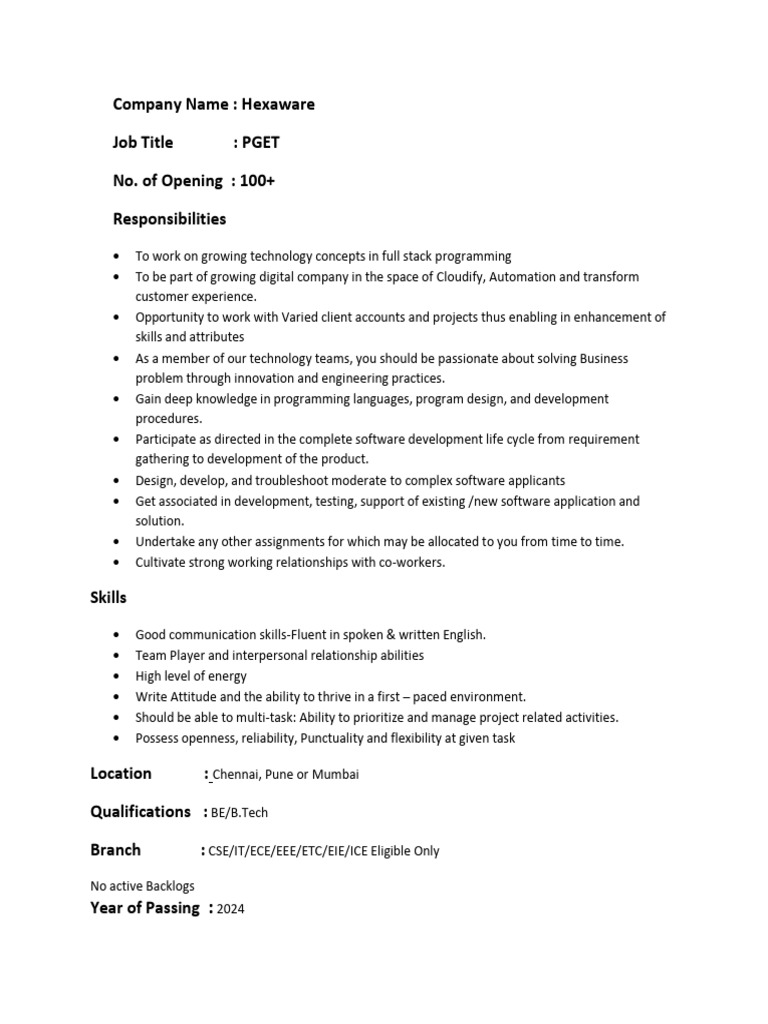 Hexaware PGET Recruitment 2024 | PDF
