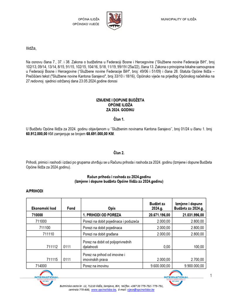 Izmjene I Dopune Budžeta Općine Ilidža Za 2024. Godinu | PDF
