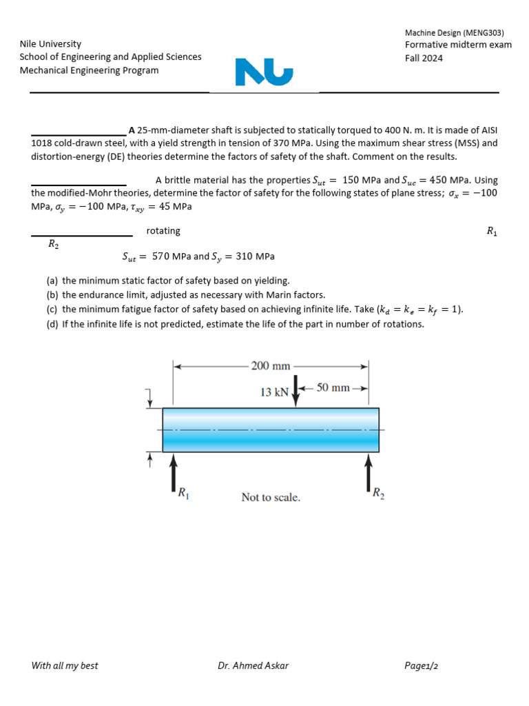 MENG303 Fall2024 Formative Midterm Exam | PDF