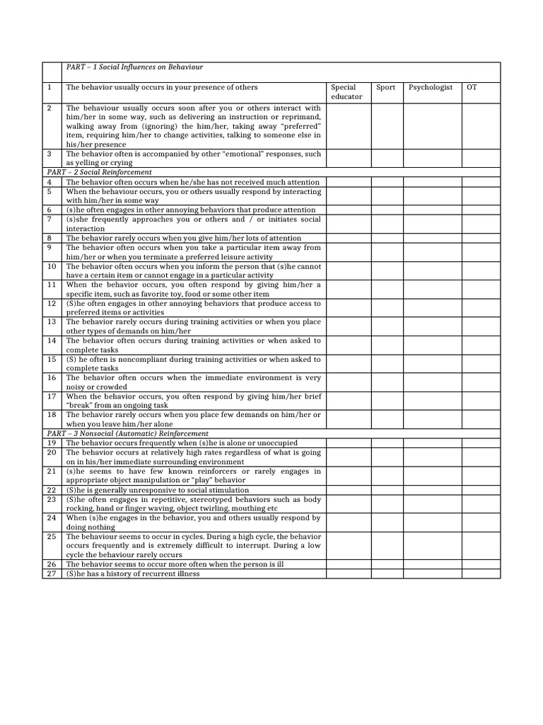 FBA Assessment tool | PDF | Reinforcement | Behavior
