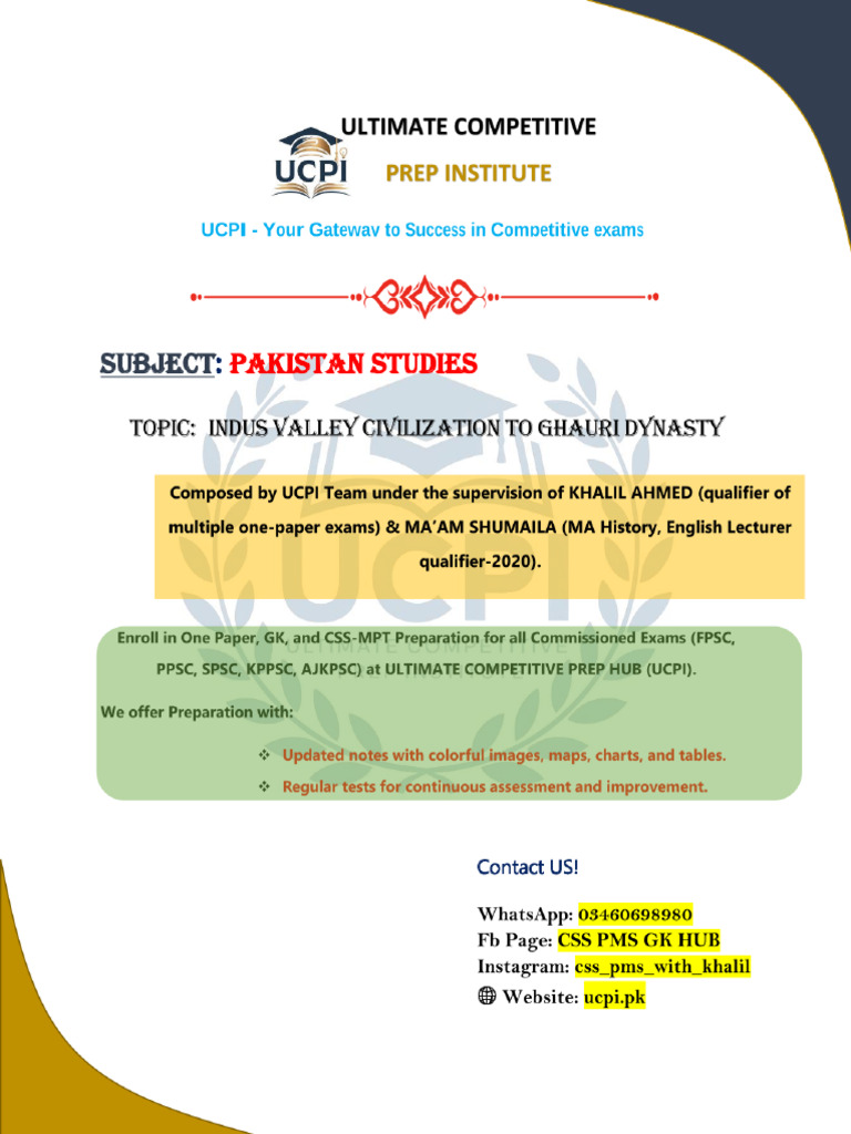 Pakistan Studies-1 (Indus Valley To Ghauri Dynasty) - UCPI | PDF
