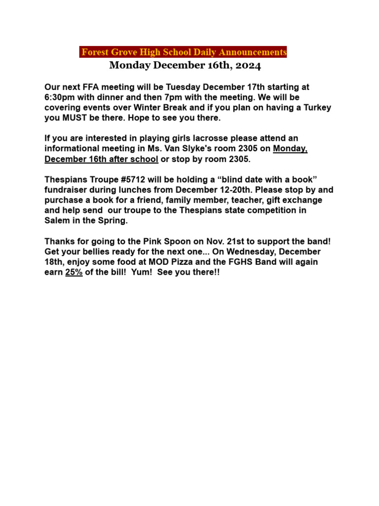 FGHS Daily Announcements | PDF