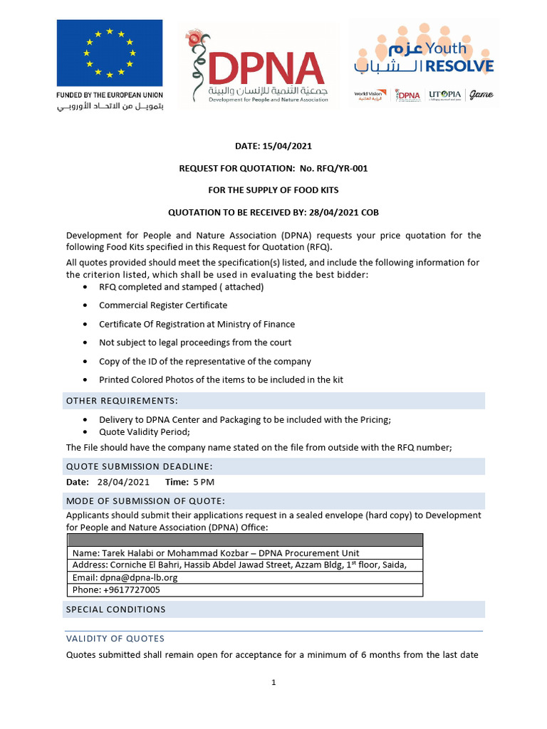 Annex - Request For Quotation Yr2 Food Kits 15.04.2021 | PDF