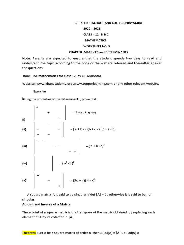 Maths_class 12 worksheet Important ISC Question. | PDF | Matrix ...